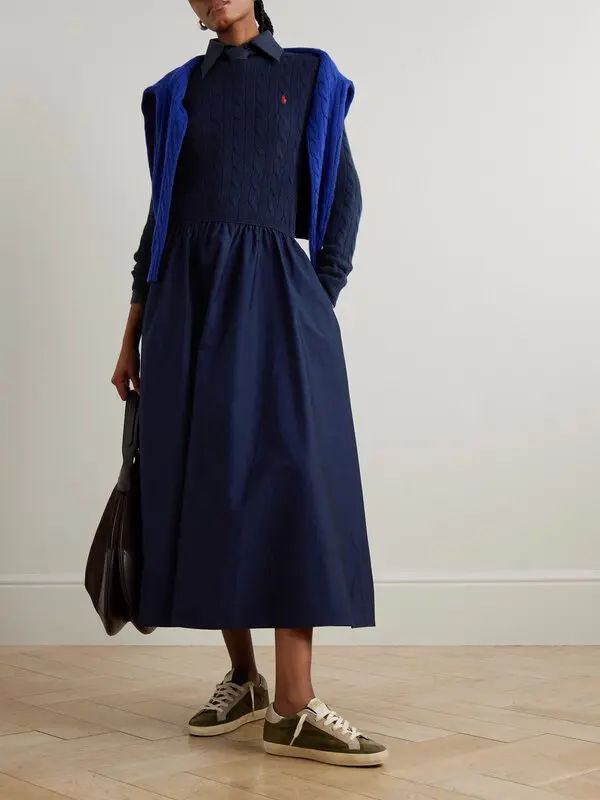 polo ralph lauren cable knit poplin dress Embroidered Cable-knit Wool-blend And Cotton-poplin Maxi BFCM-US-Tier2