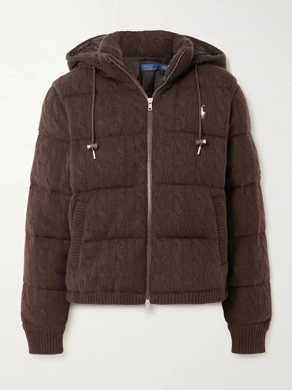 Polo Ralph Lauren Hooded Padded Quilted Cable-knit Wool And Cashmere-blend Coat - Brown