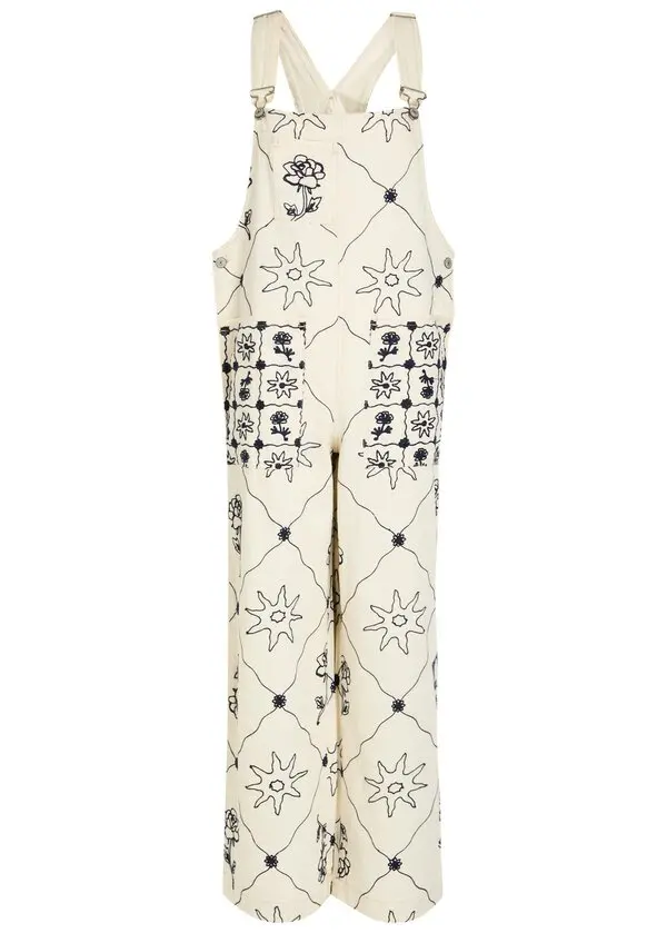Free People Rising Sun Embroidered Denim Overalls - White
