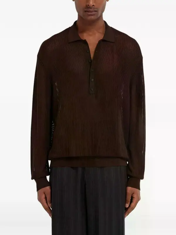 FERRAGAMO Long Sleeve Knitted Silk Polo Shirt