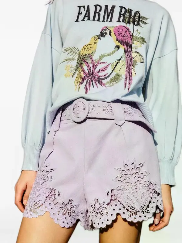 Farm Rio Floral-details Belted Shorts - Purple
