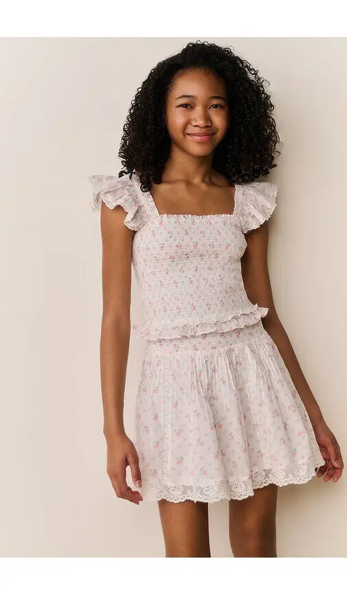 LoveShackFancy Solena Skirt Floral Print Linen Blend With Lace Trim