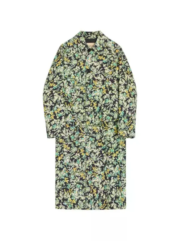 Valentino Garavani Single-breasted Coat In Cotton Drill With Papier Floral Print - Black