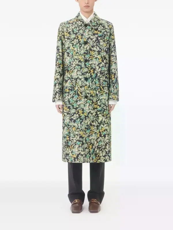Valentino Garavani Single-breasted Coat In Cotton Drill With Papier Floral Print - Black