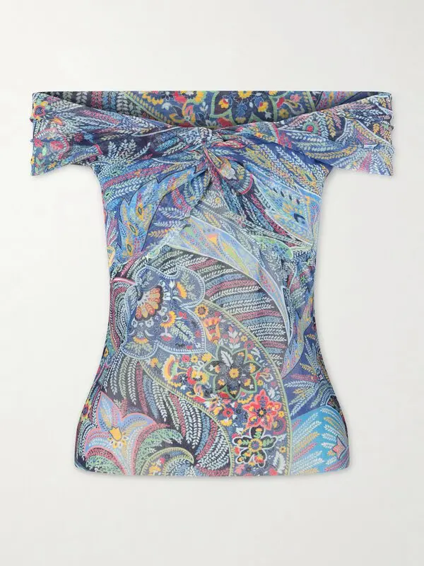 Etro Printed Off-the-shoulder Mesh Top
