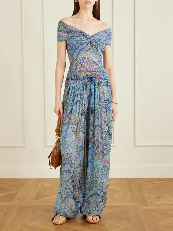 Etro Printed Off-the-shoulder Mesh Top