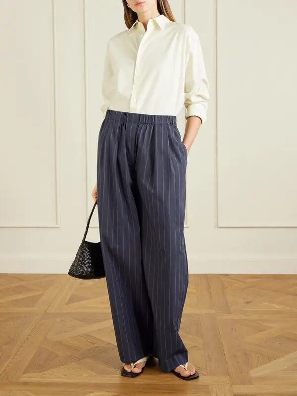 ST. AGNI Pleated Pinstriped Wide-leg Pants - Blue