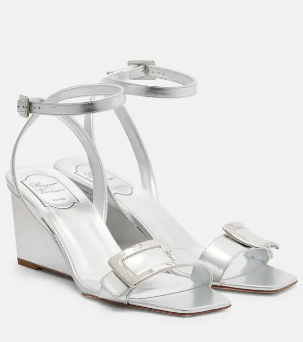 ROGER VIVIER Belle Vivier Metallic Leather Sandals - Silver