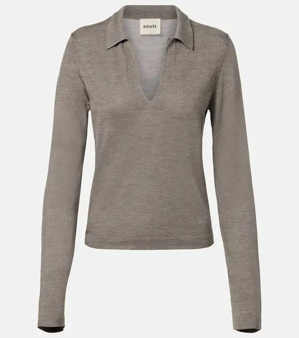 Khaite Mikel Silk Polo Sweater Sterling - Grey