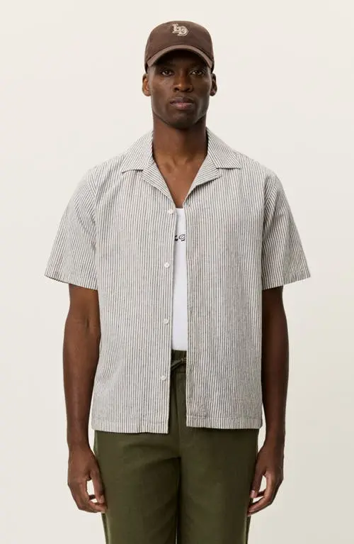LES DEUX Lukas Stripe Cotton & Linen Camp Shirt - Teak Brown