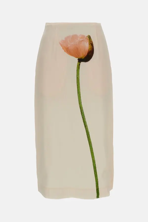 Simone Rocha Pencil Skirt With Poppy Print - Beige