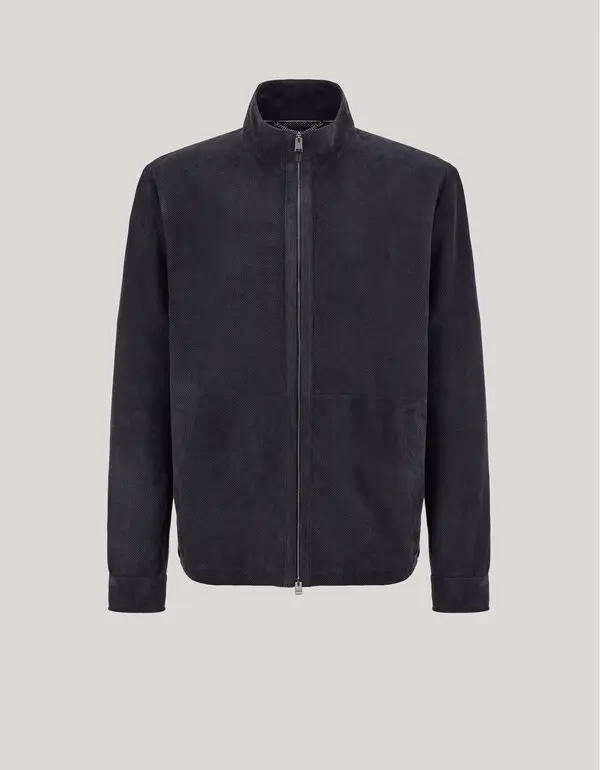Canali Suede Jacket With Stand Collar - Blue