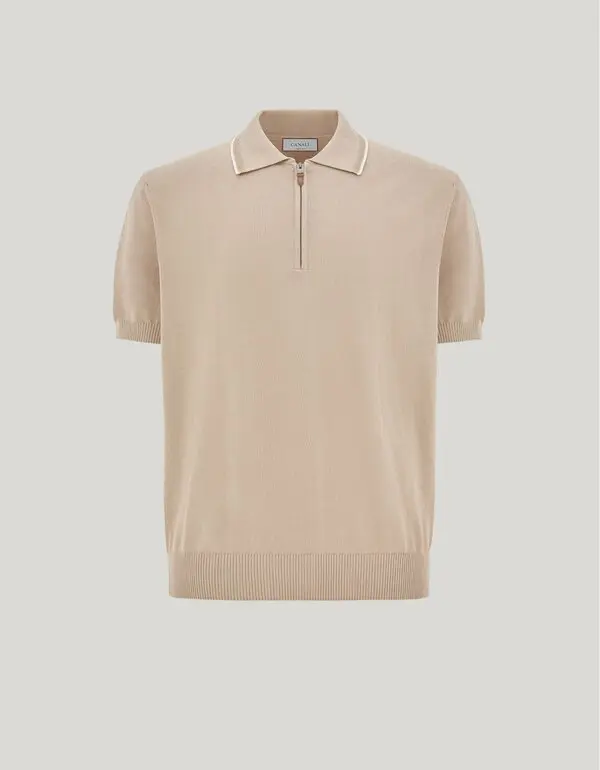 Canali Giza Cotton Polo Shirt With Zipper And Contrasting Piping - Beige