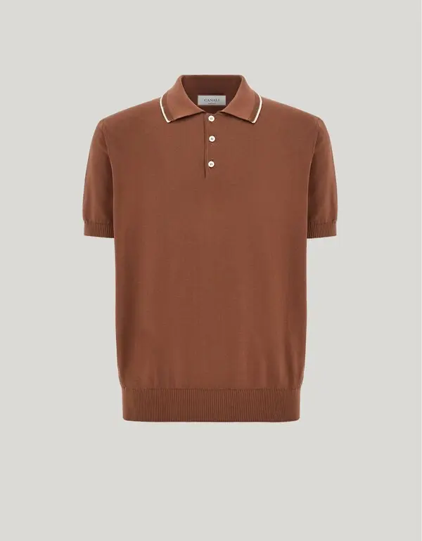 Canali Polo Shirt In Garment-dyed Giza Cotton With Contrasting Piping - Brown