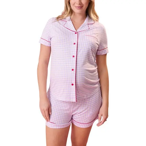 KINDRED BRAVELY Clea Maternity & Postpartum Short Sleeve Pajama Set - Lavender Gingham