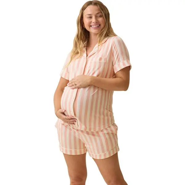 KINDRED BRAVELY Clea Maternity & Postpartum Short Sleeve Pajama Set - Sunset Pink Stripe