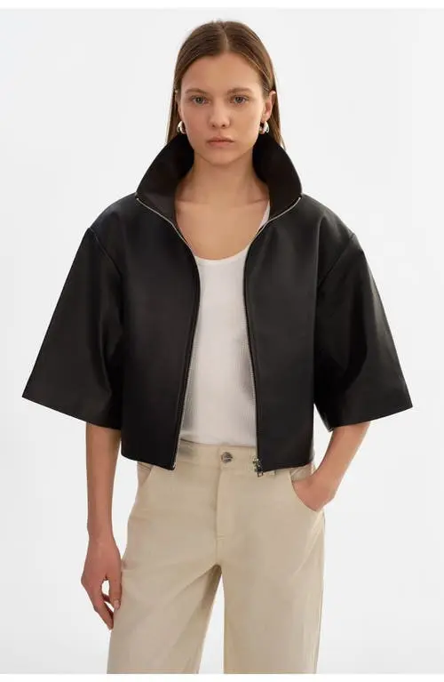 LAMARQUE Elin | Leather Funnel Neck Jacket - Black