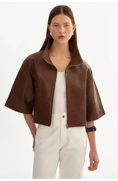 LAMARQUE Elin | Leather Funnel Neck Jacket - Mid Brown