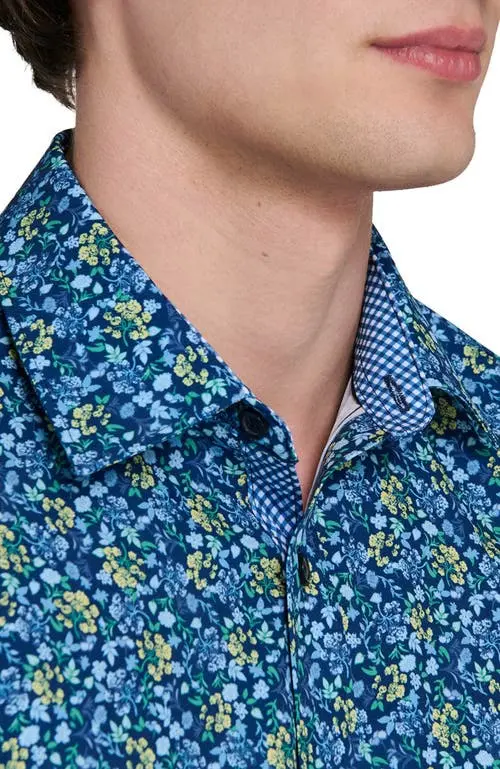 CON.STRUCT Slim Fit Budding Floral Performance Long Sleeve Shirt - Navy/yellow