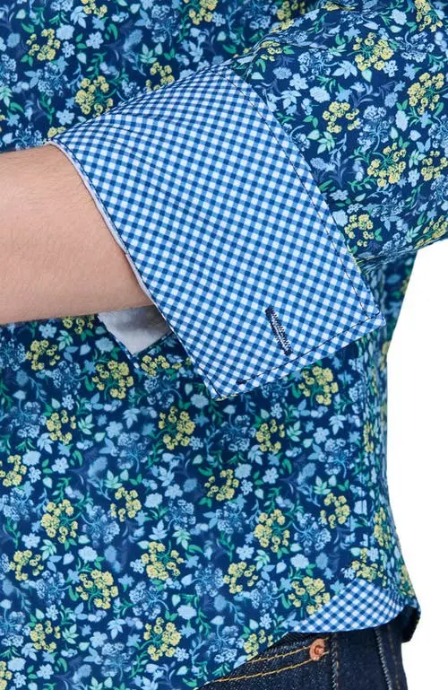 CON.STRUCT Slim Fit Budding Floral Performance Long Sleeve Shirt - Navy/yellow