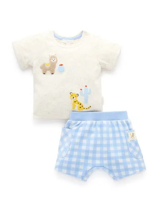 PUREBABY Gingham Short And Tee Set - Caribbean Gingham