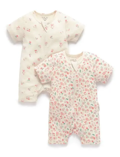 PUREBABY 2 Pack Short Sleeve Zip Romper Floral - Emilia Print