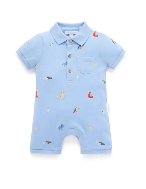 PUREBABY Embroidered Polo Romper - Animal Fiesta Broderie