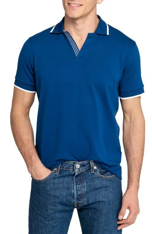 CON.STRUCT Slim Fit Solid Johnny Collar Short Sleeve Polo - Navy