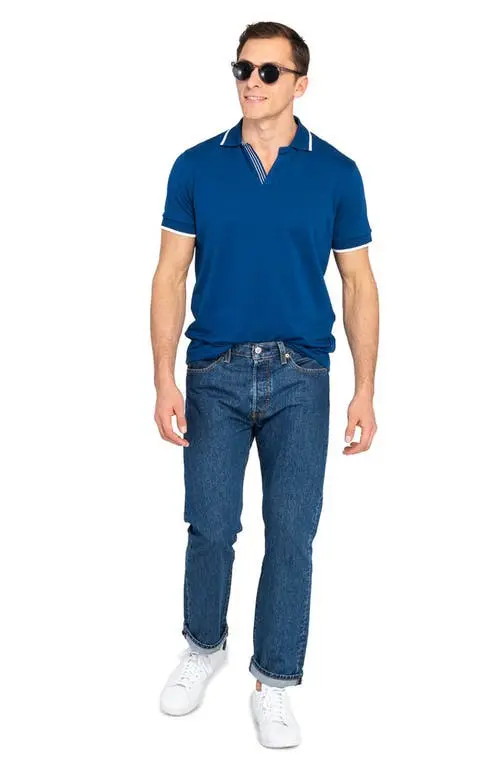 CON.STRUCT Slim Fit Solid Johnny Collar Short Sleeve Polo - Navy
