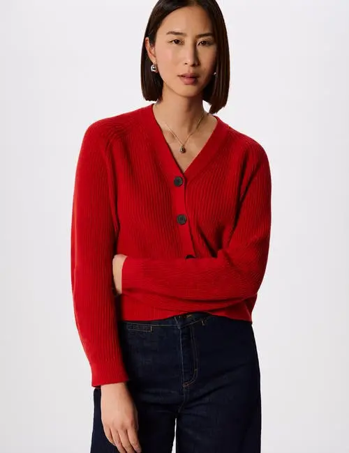 Whistles Cotton V-neck Cardigan - Red