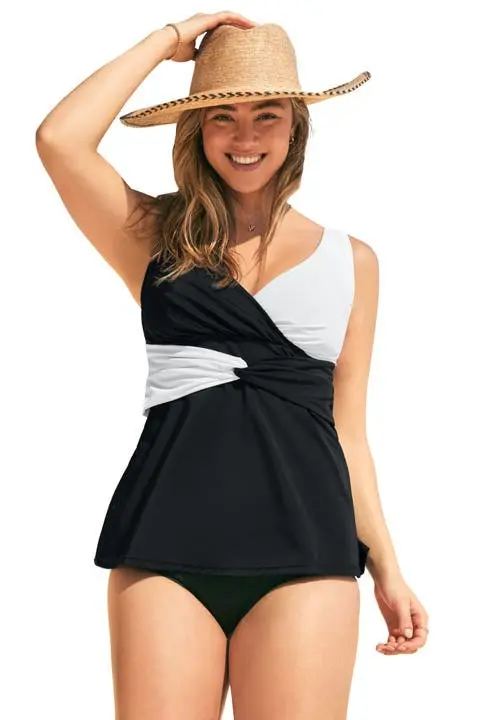 SWIM 365 Cooling Tankini Top With Surplice Neckline And Color-block Detail - Black White