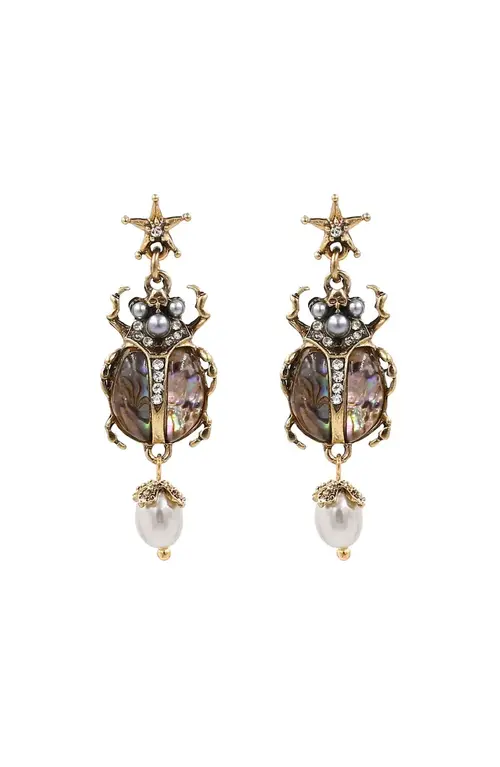 HUMANIST BEAUTY Vintage Scarab Pearl Drop Earrings - Antique Gold/iridescent