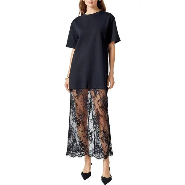 Endless Rose Mixed Media Cotton Knit & Lace T-shirt Dress - Black