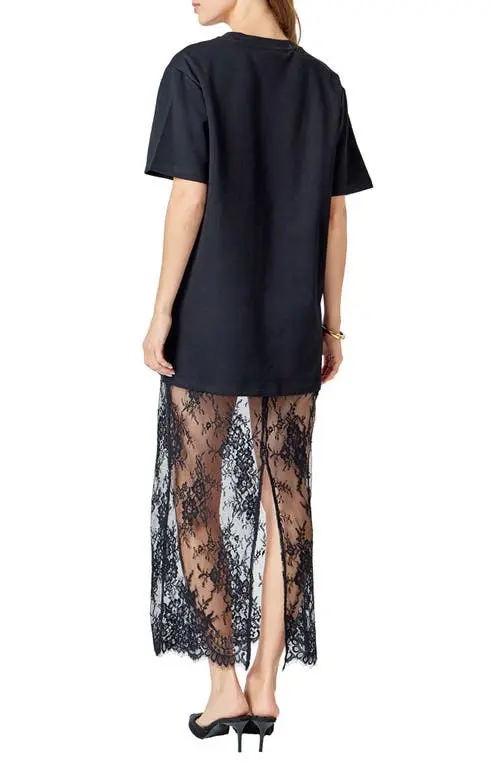 Endless Rose Mixed Media Cotton Knit & Lace T-shirt Dress - Black