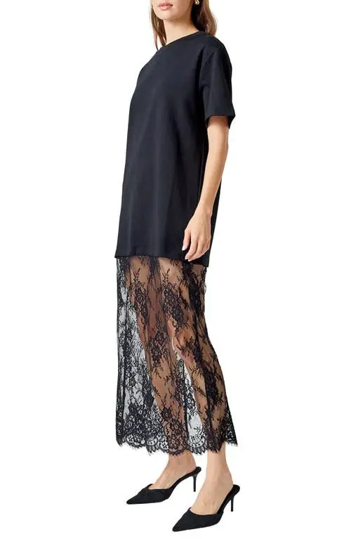 Endless Rose Mixed Media Cotton Knit & Lace T-shirt Dress - Black