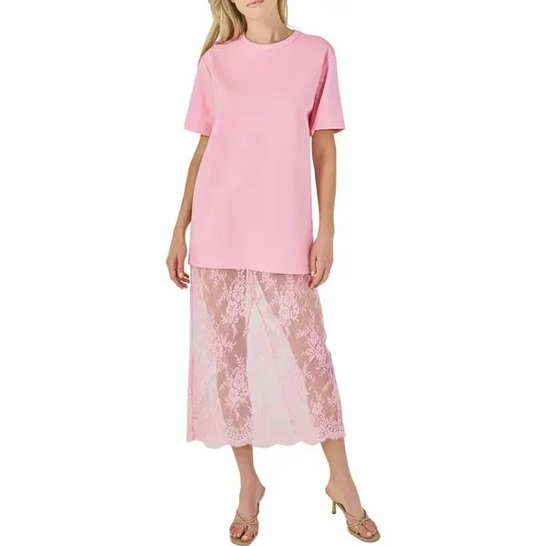 Endless Rose Mixed Media Cotton Knit & Lace T-shirt Dress - Pink