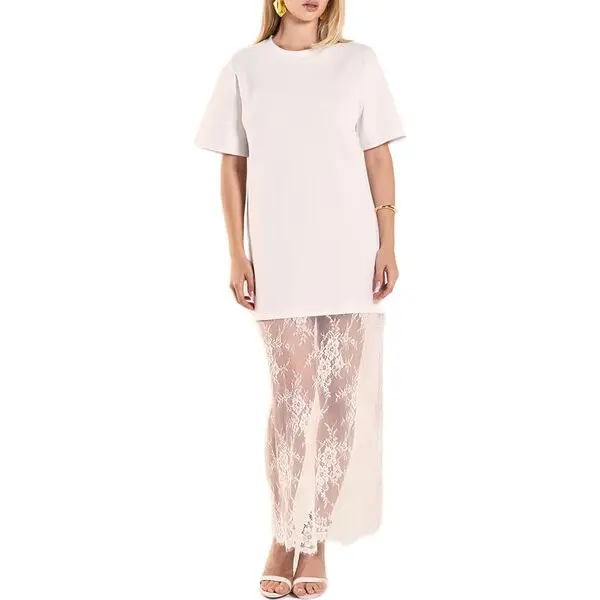 Endless Rose Mixed Media Cotton Knit & Lace T-shirt Dress - White