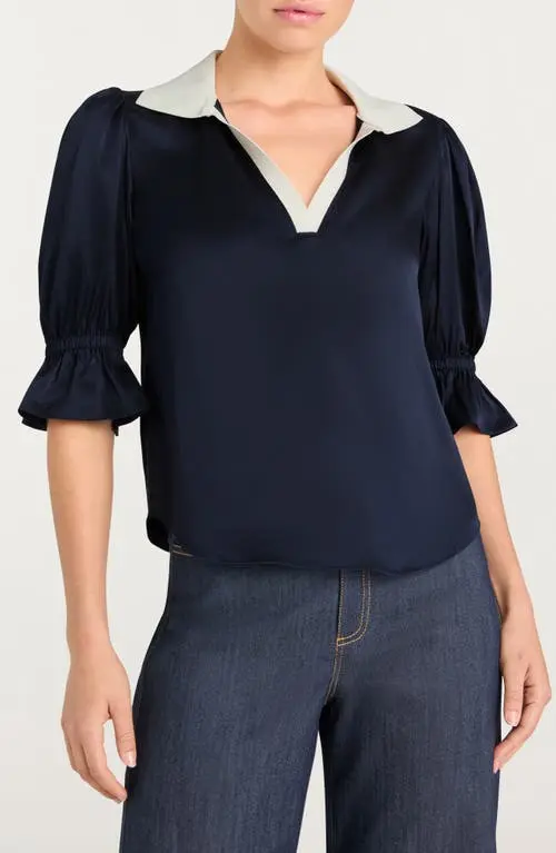 Cinq À Sept Silk Johnny Collar Top - Navy/ivory