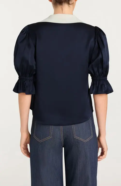 Cinq À Sept Silk Johnny Collar Top - Navy/ivory