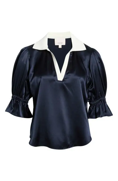 Cinq À Sept Silk Johnny Collar Top - Navy/ivory