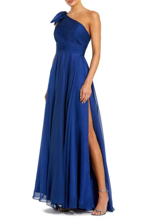 Mac Duggal Pleated One Shoulder Chiffon Gown - Cobalt