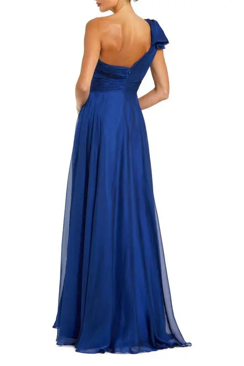 Mac Duggal Pleated One Shoulder Chiffon Gown - Cobalt