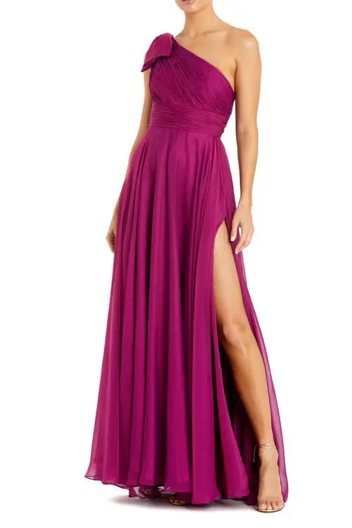 Mac Duggal Pleated One Shoulder Chiffon Gown - Raspberry