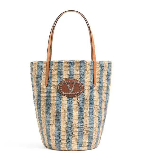 Valentino Garavani Straw Vlogo Signature Bucket Bag - Blue