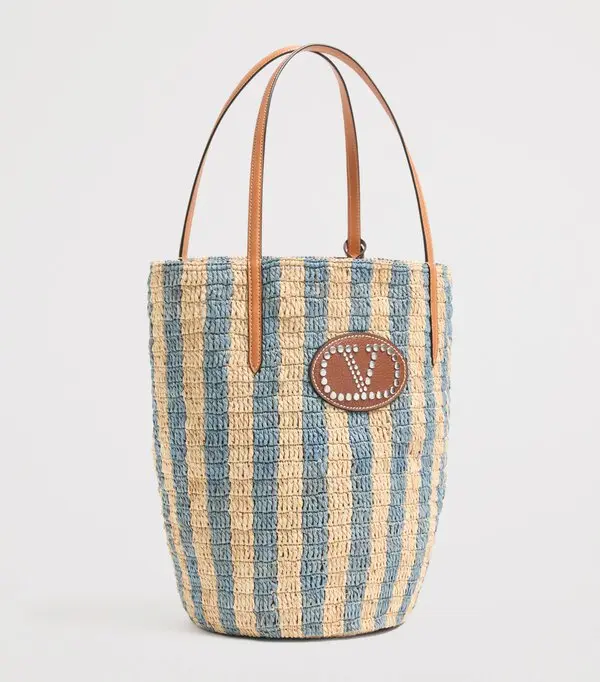 Valentino Garavani Straw Vlogo Signature Bucket Bag - Blue