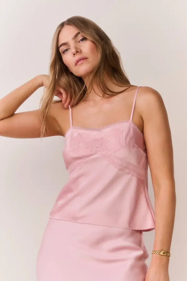 LoveShackFancy Arise Lace Bow Satin Camisole - Black