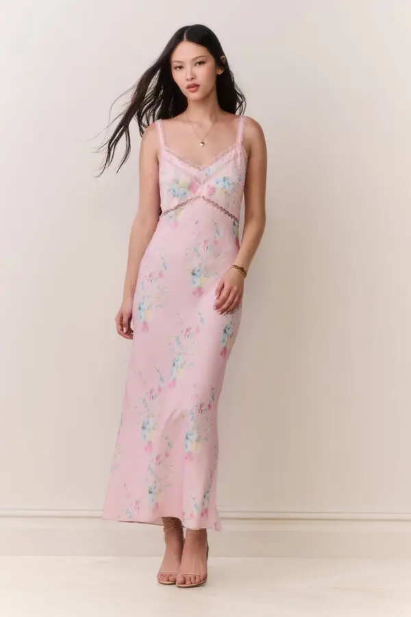LoveShackFancy Annabeth Satin Floral Maxi Slip Dress - Rosy Trellis
