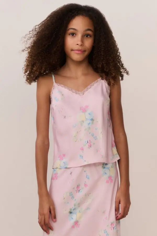 LoveShackFancy Lirena Floral Satin Top - Rosy Trellis