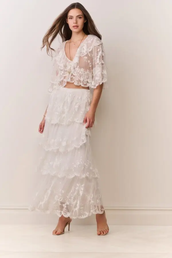 LoveShackFancy Celesa Embroidered Mesh Tiered Maxi Skirt