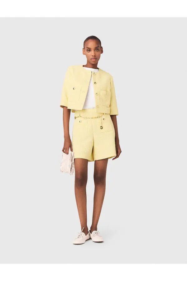 Maje And White Textured Tweed Shorts With Removable Gold Chain Belt